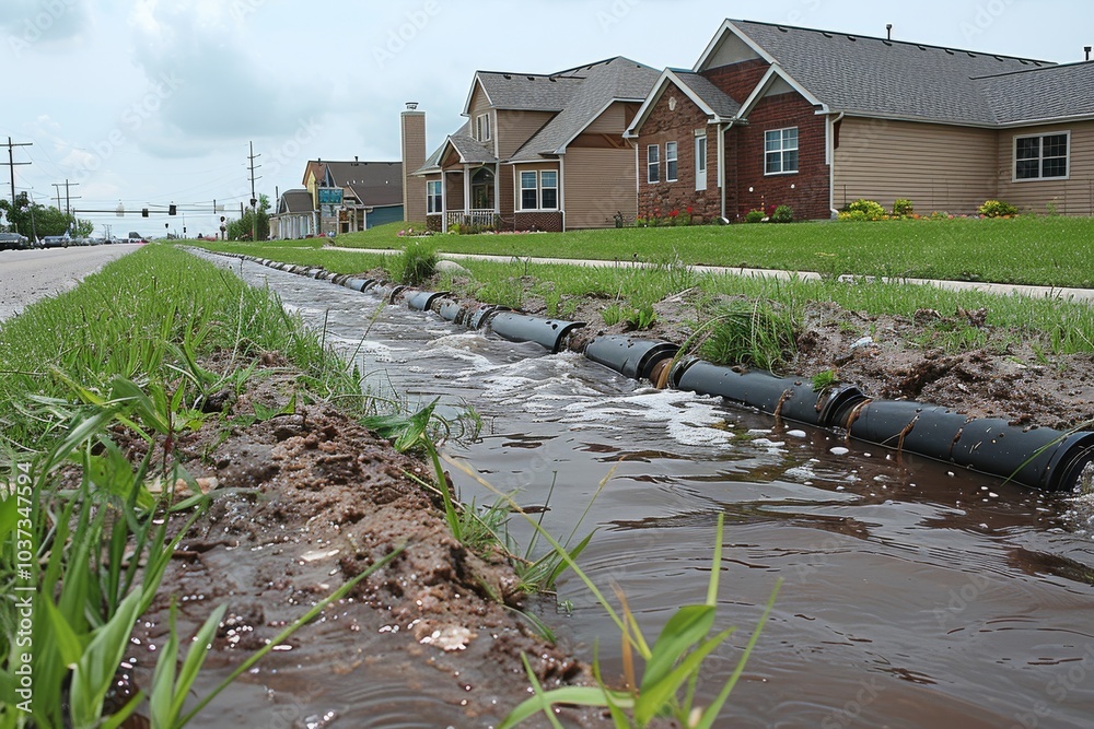 Water flowing through a drainage ditch alongside residential houses on ...