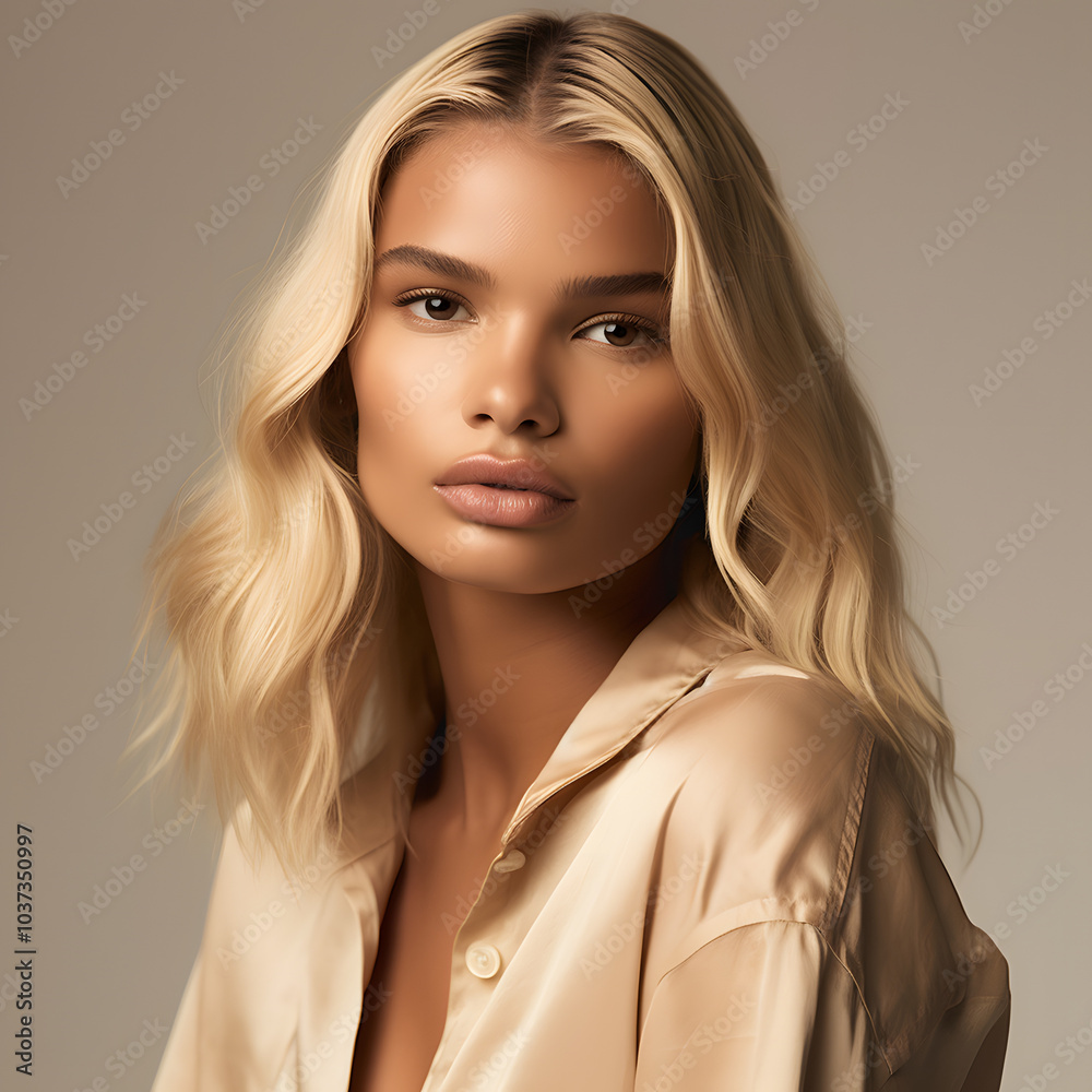 beautiful curly extra long hair black model with neutral studio ...