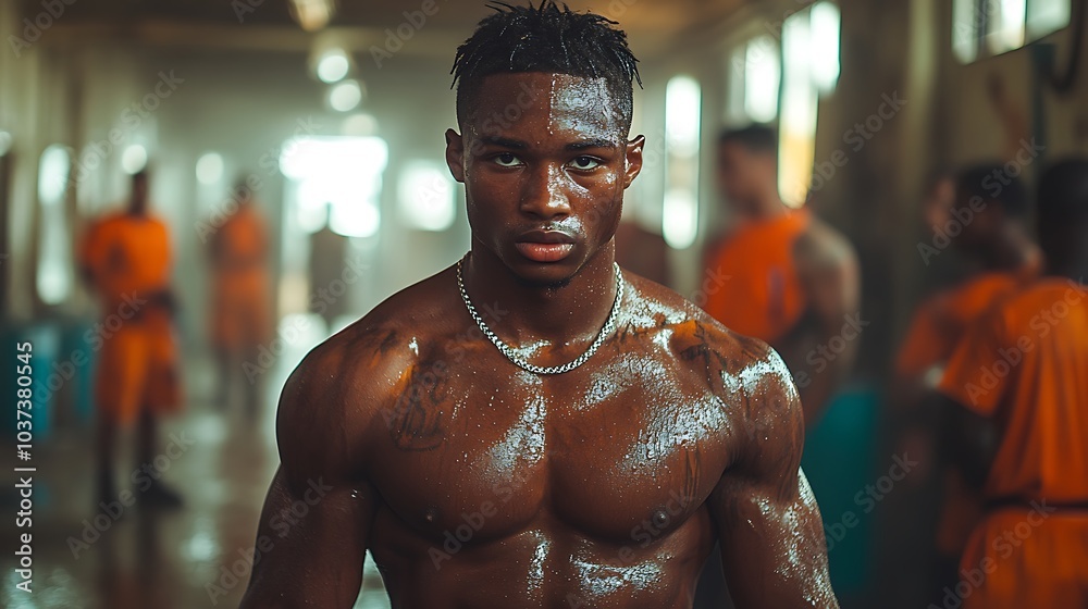 A high school senior firefighter flexes in a tight t-shirt during gym ...