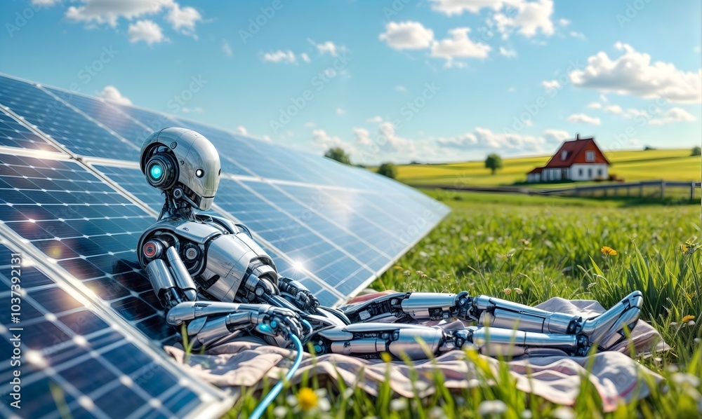 Humanoid robot sunbathing in a solar panel park, where the robot ...