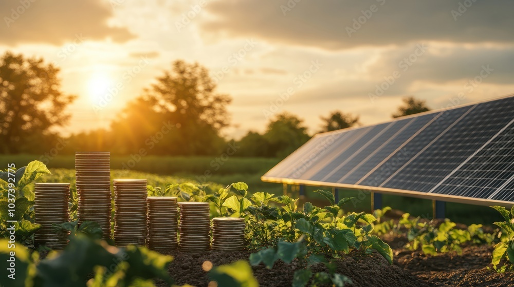 Solar panel investment symbolized by stacks of coins, reflecting ...