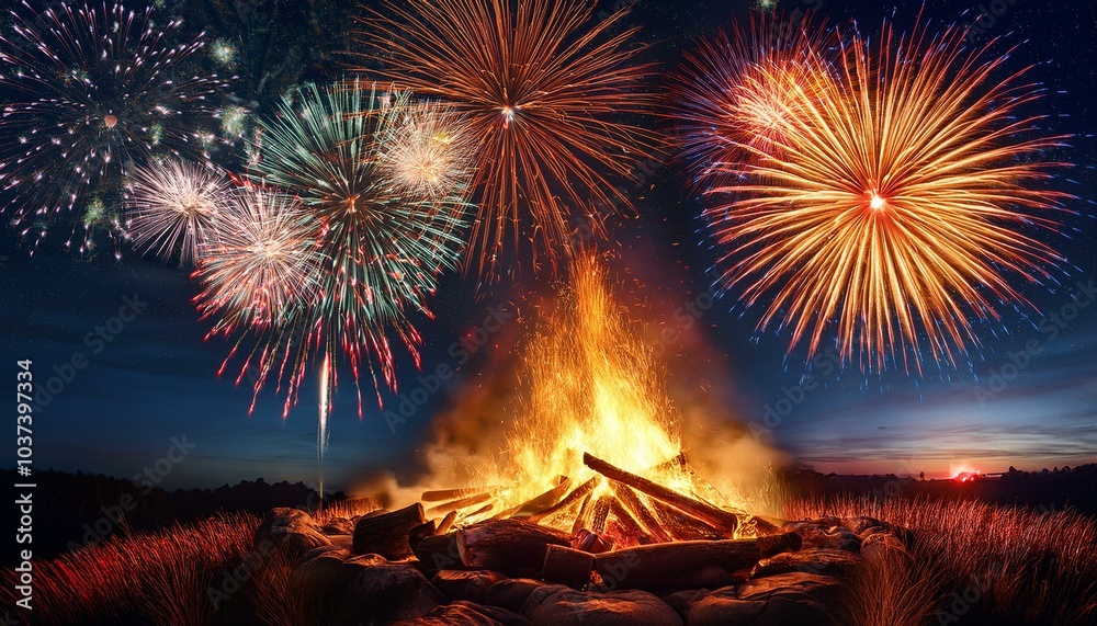 crackling bonfire with vibrant fireworks illuminating the night sky capturing the essence of guy ...