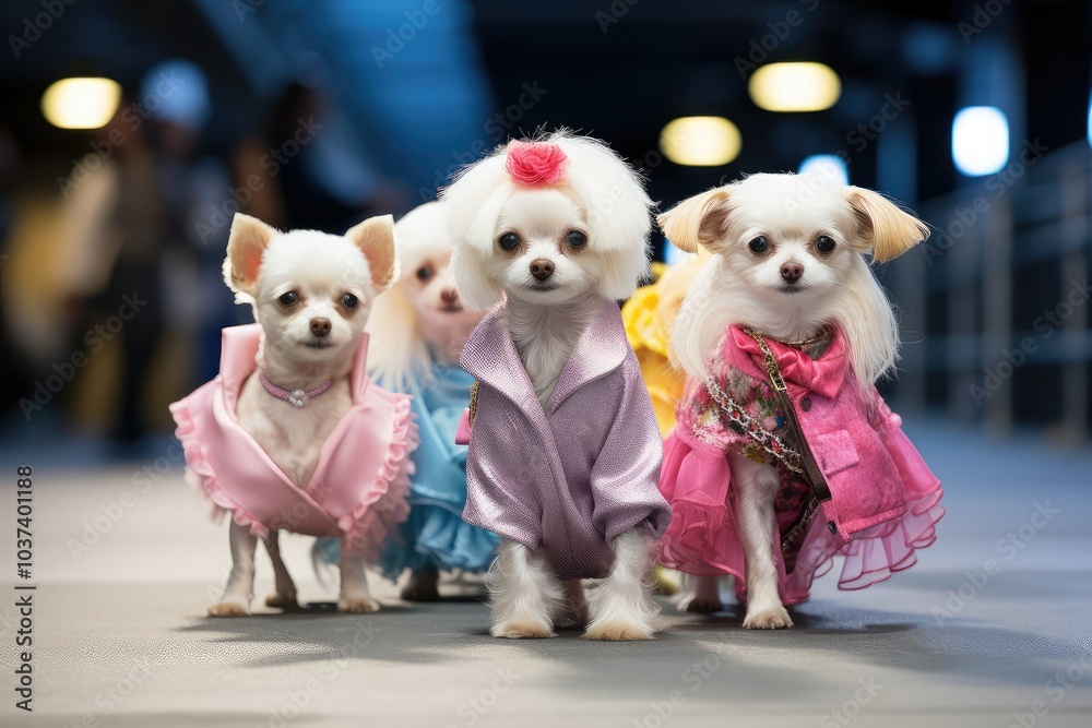 Four stylish puppies showcase their vibrant outfits at a lively pet ...
