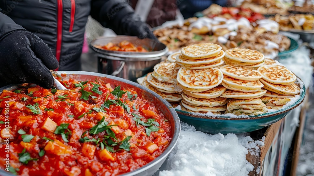 Russian street food vendor in Moscow selling blinis and borscht ...