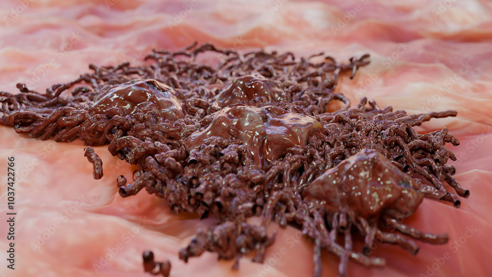 Cancer cell growth uncontrollably over tissue, Tumor infection cells ...