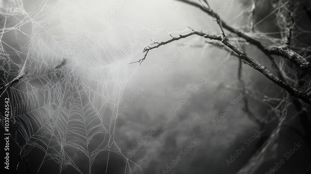 Scary spider webs are framing a foggy background in this halloween ...