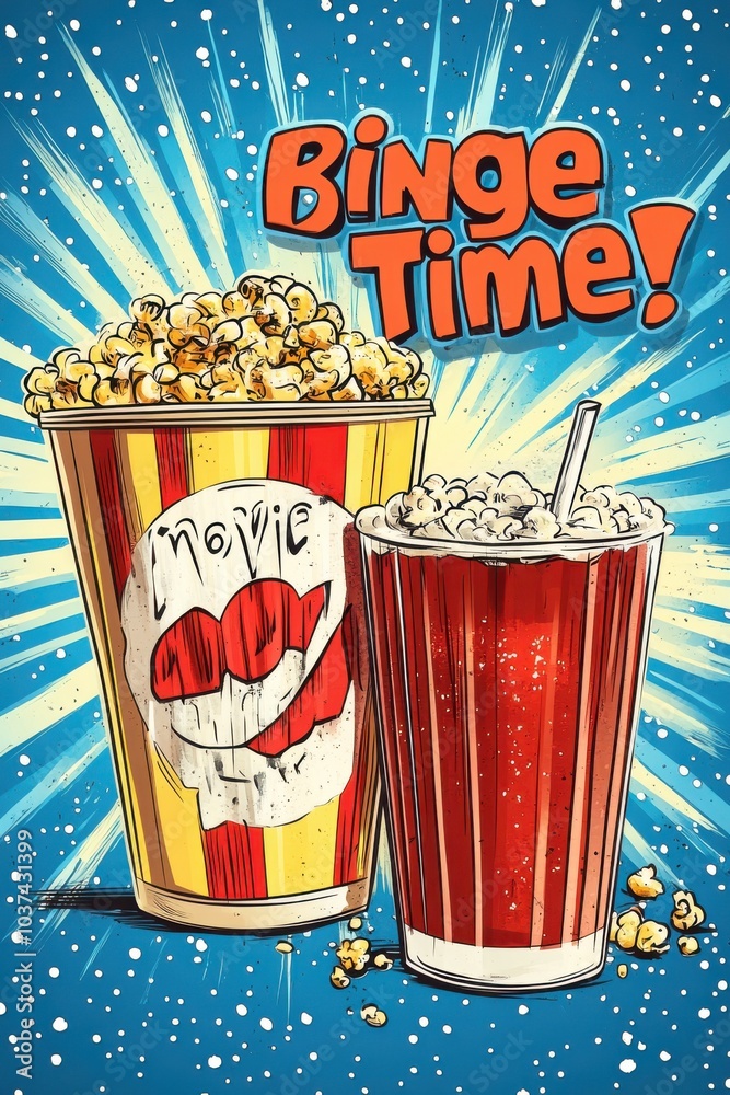 Comic book style illustration featuring movie time with popcorn and ...