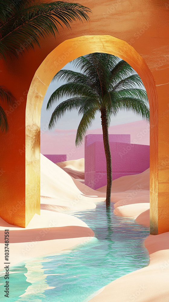 stage set for a music video, desert oasis, sand and vibrant water, palm ...