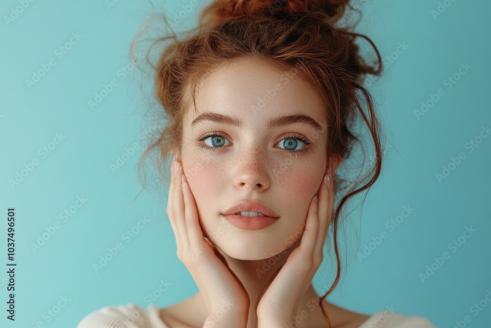 Skincare and beauty. Young lady touching shiny healthy skin, nourished ...