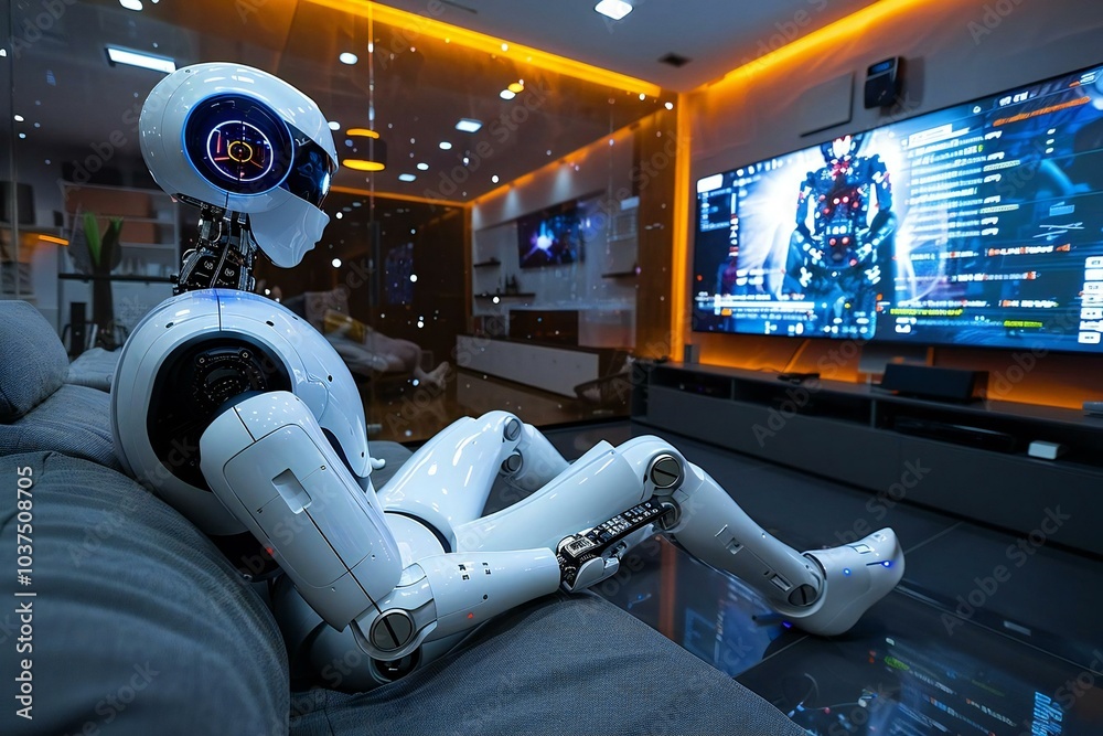 Humanoid robot watching television while sitting on sofa in living room ...