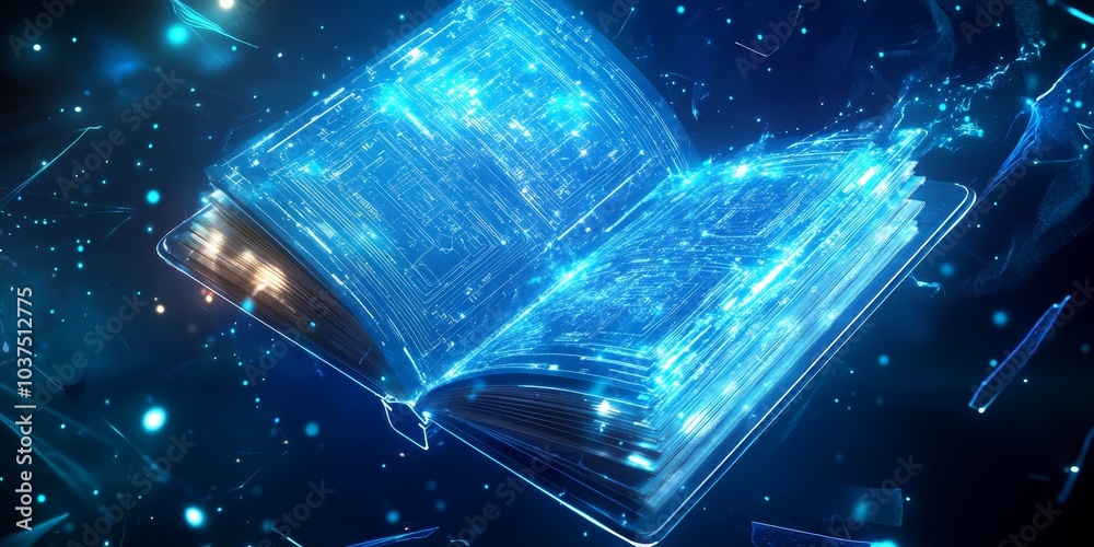 A futuristic journal floating in mid-air, its open and its sleek cover ...