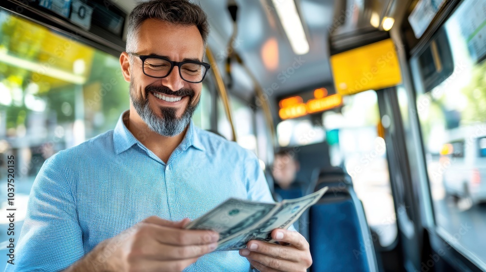 This image features a bearded man joyfully counting dollar bills inside ...