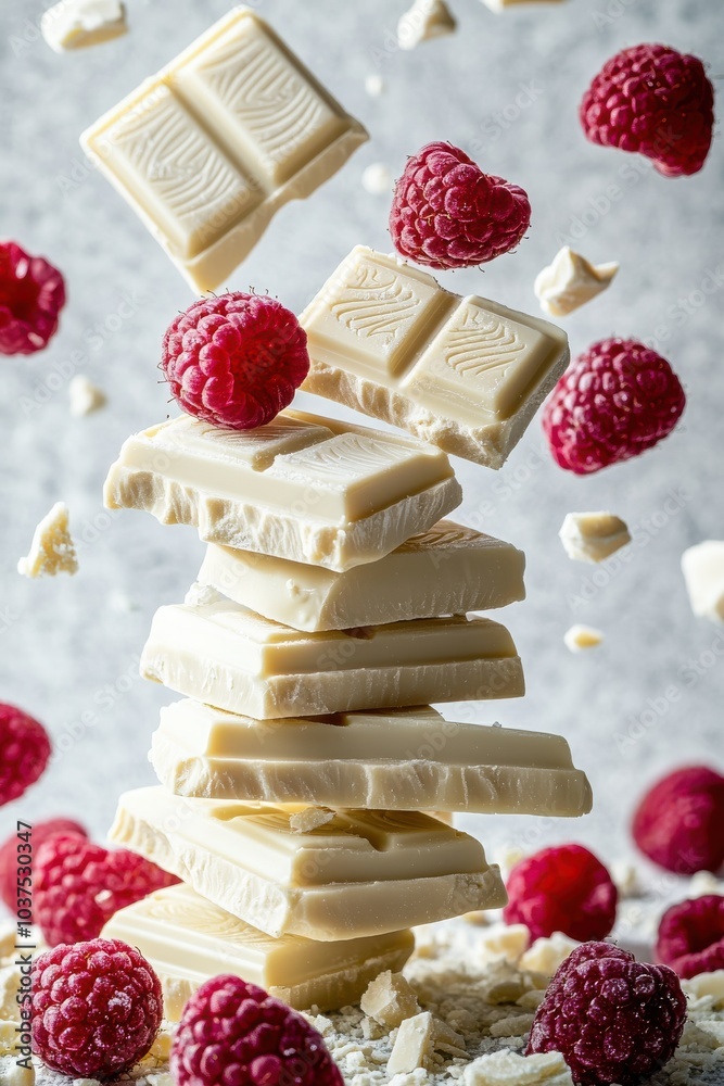 Stacked pieces of white chocolate and raspberries tower artistically ...