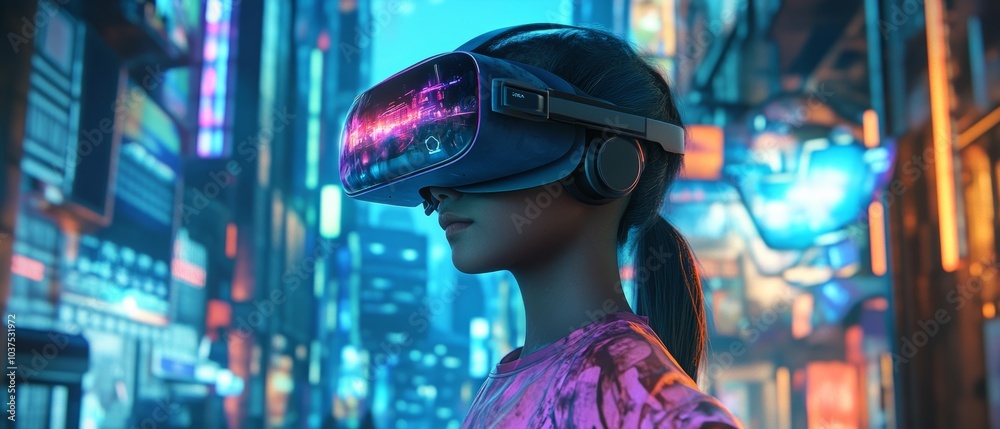 Virtual and augmented reality worlds with immersive digital landscapes, users wearing VR ...