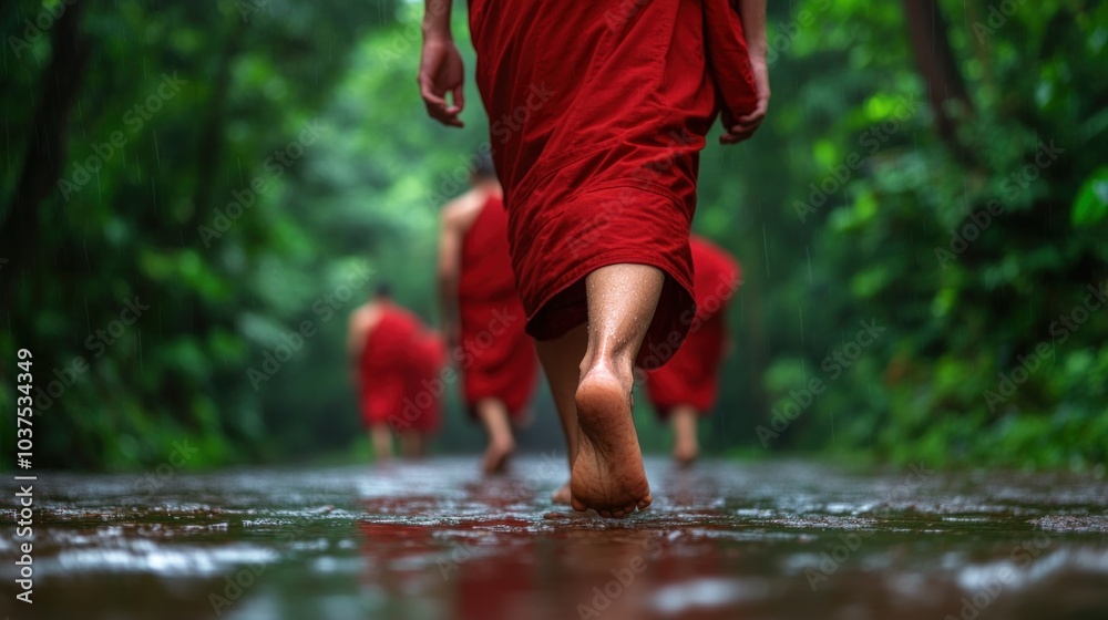Monks walking barefoot on an alms round, symbolizing humility and ...
