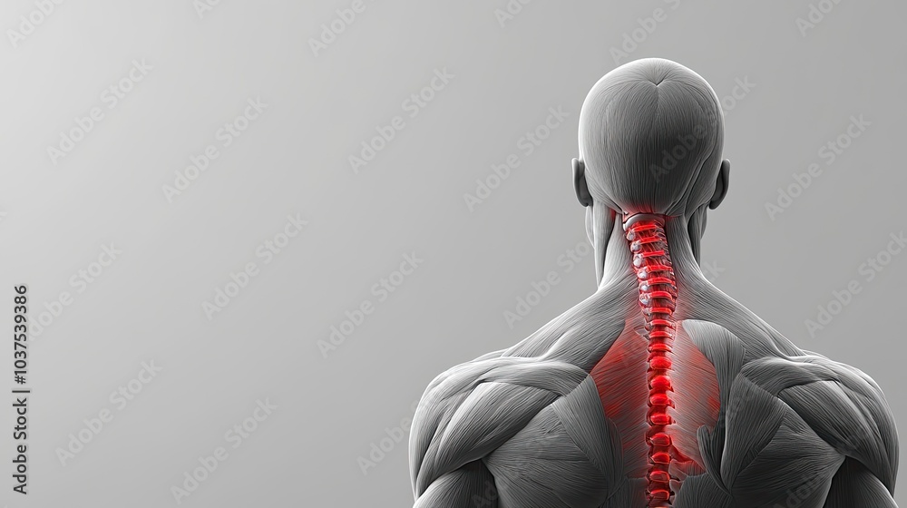 Front-facing gray outline of a man neck and shoulders with red pain ...