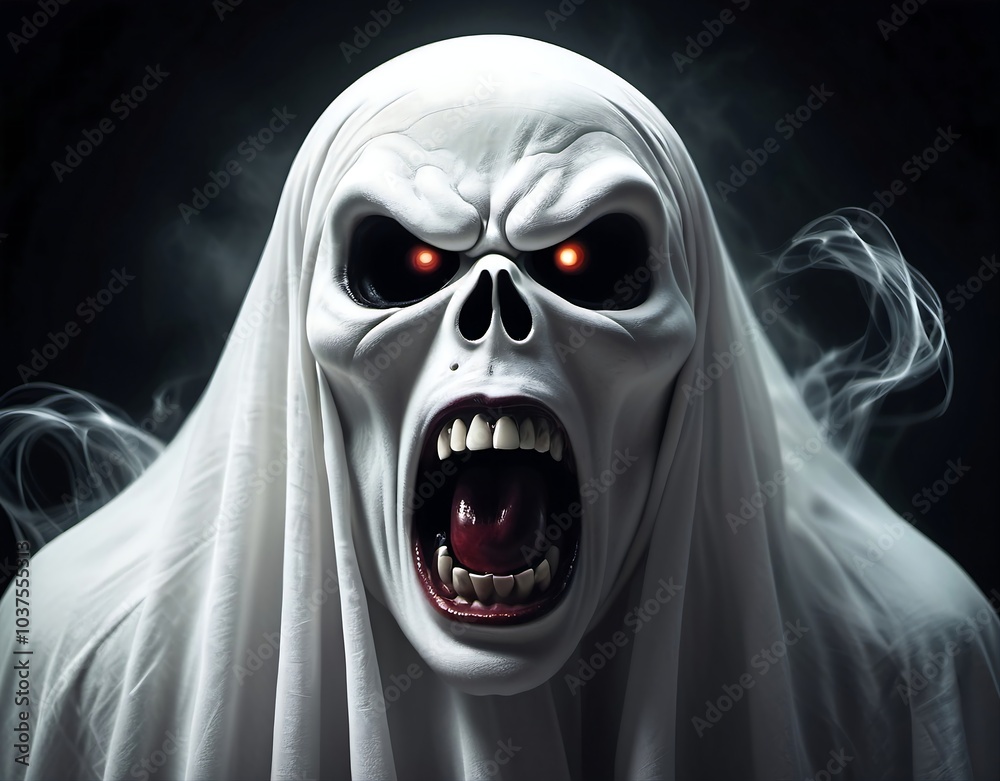 Angry ghost with open mouth, ready to scream or bite, standing in the ...