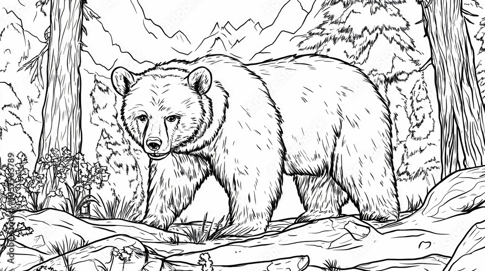 Wild bear coloring page for children book, cute forest animal outline ...