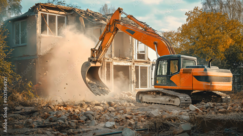 Excavator machine demolition of house, building destruction at ...