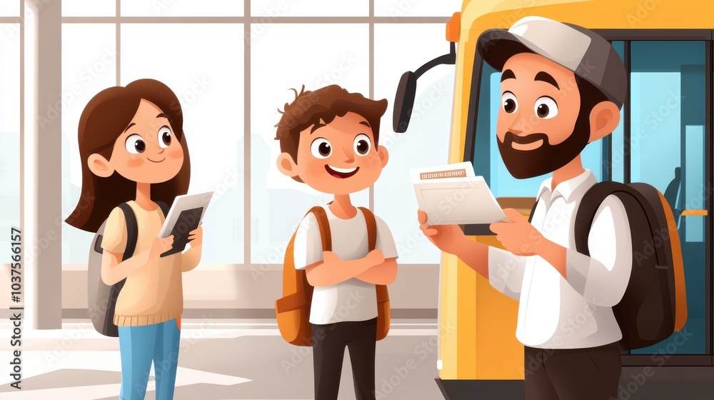 Two students with backpacks approach a school bus while a smiling ...