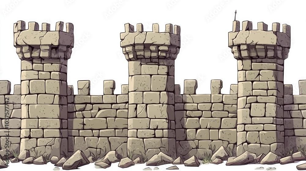 Seamless 2D cartoon illustration of a medieval stone castle wall ...