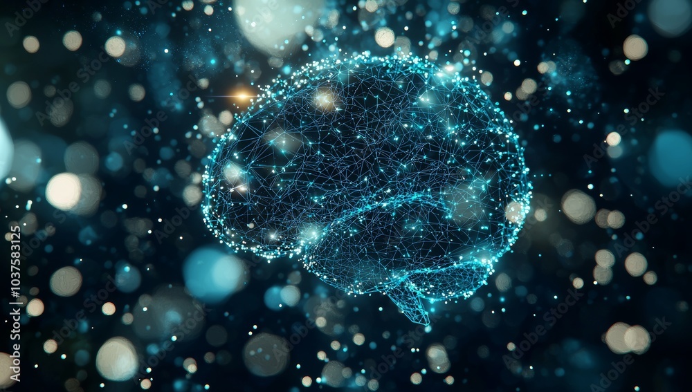 Brain drawn with shining wireframe net graphic abstract background 3d ...