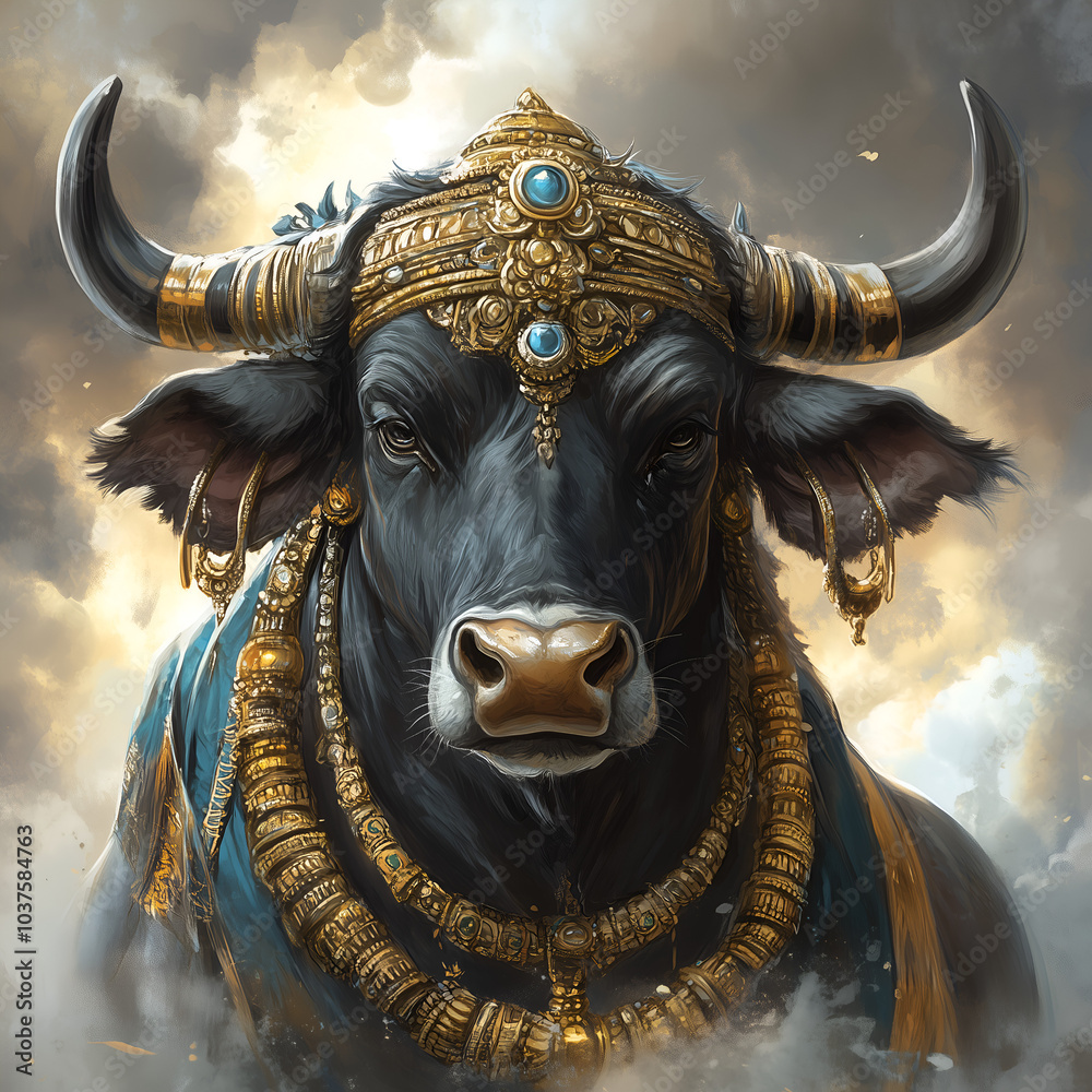 Illustration of Hindu God Nandi, Fantasy Artwork of Shiva's Divine Bull ...