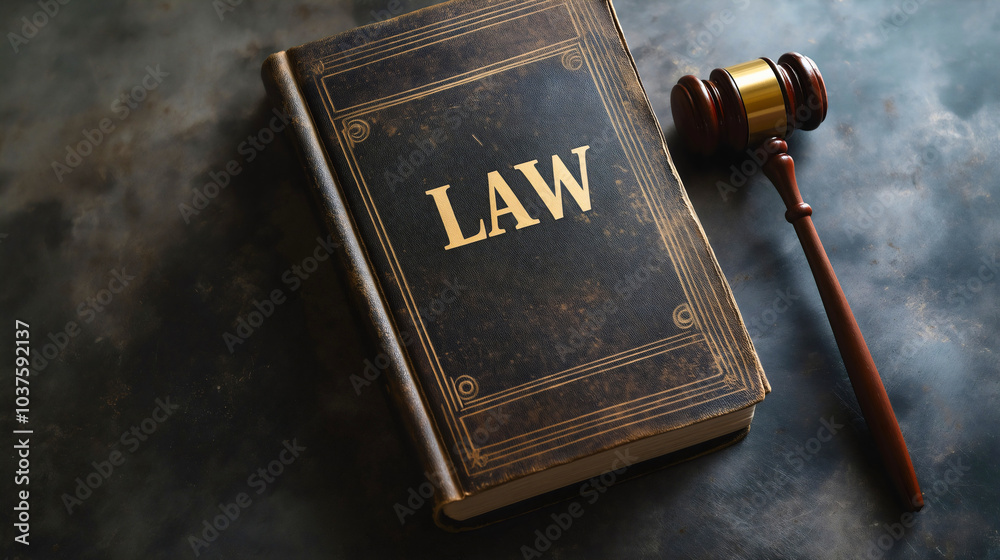 Open law book on court desk, judge with gavel and hammer, legal justice ...