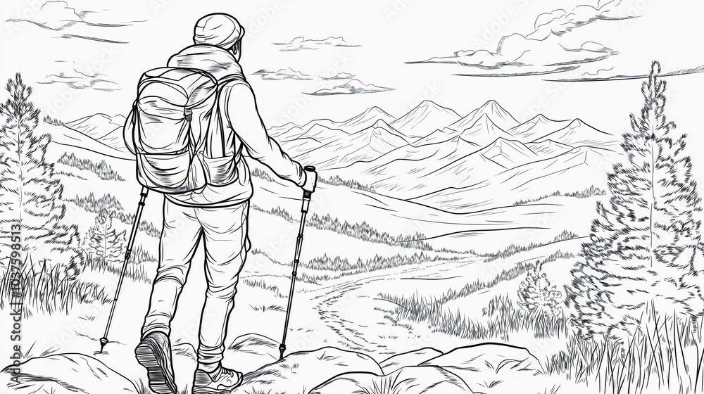 Playful hiking scene for coloring, page in book with drawing outlines ...