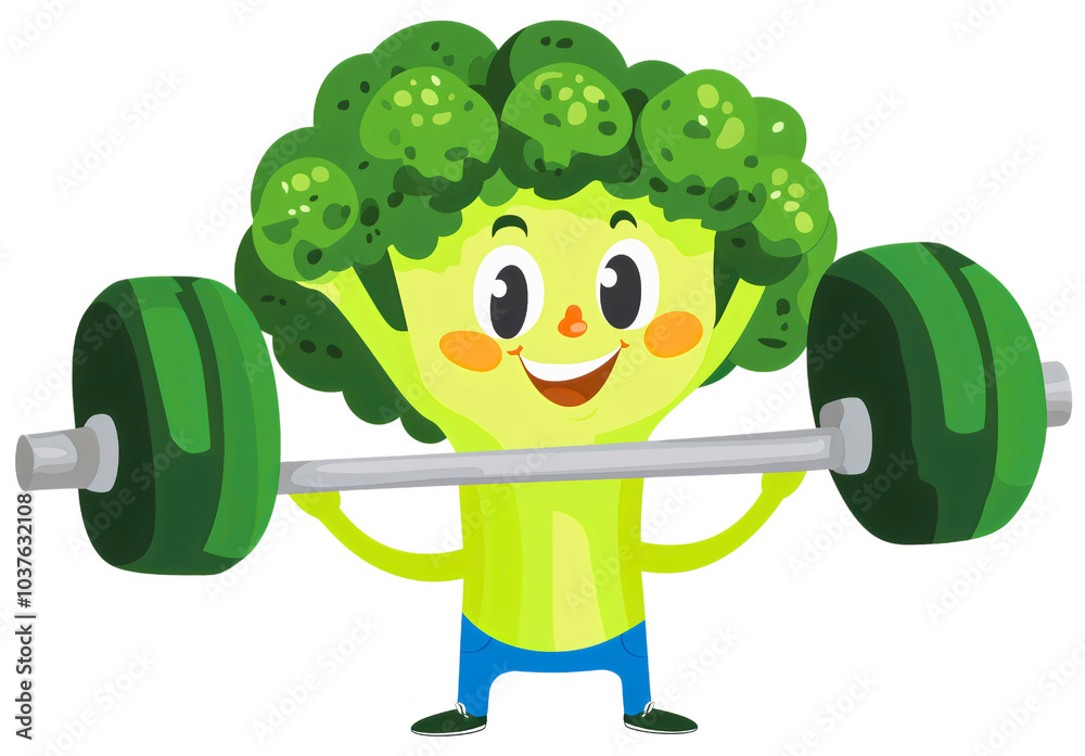 Muscular broccoli cartoon isolated, powerful barbell vegetable sport ...