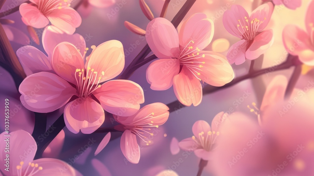 Wild cherry blossom 2D cartoon illustration Soft pink flowers in bloom ...