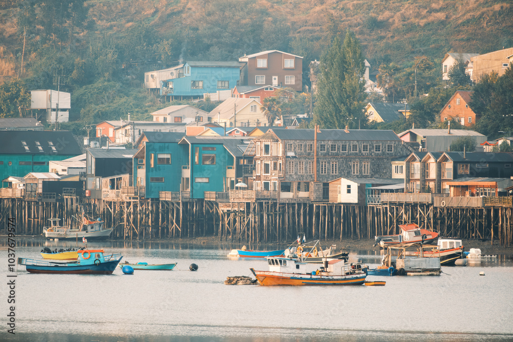 View of the traditional stilt houses (palafitos) of Pedro Montt in ...