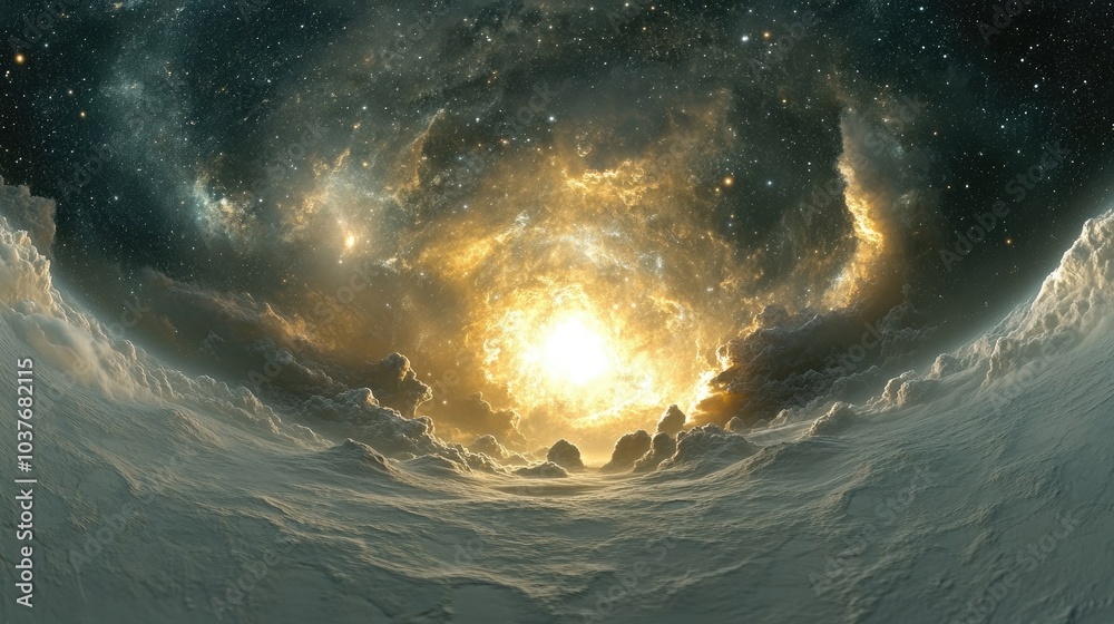 360 degree interstellar cloud of dust and gas in 3D cartoon rendering ...