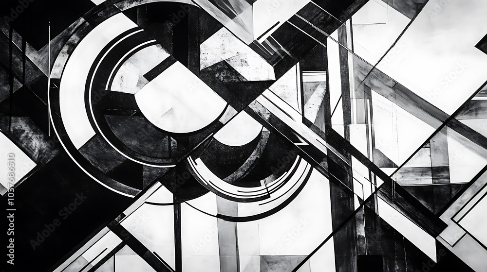 A minimalist design of overlapping shapes in black and white, including ...