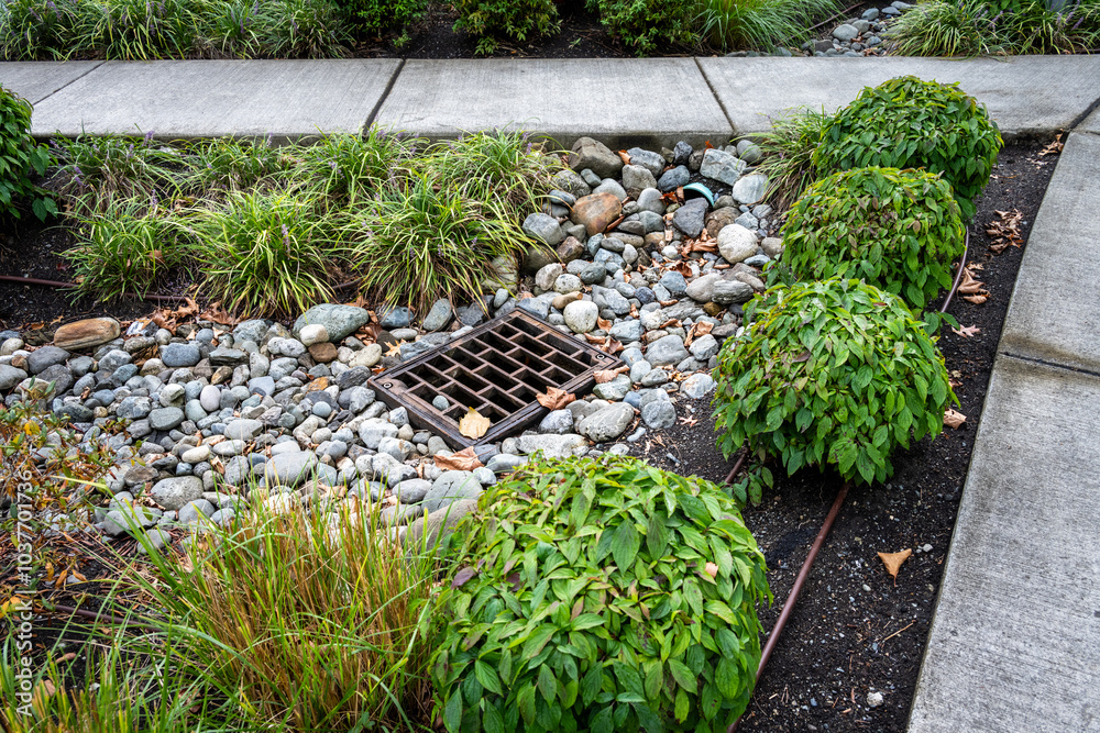 Iron rectangular stormwater drain surrounded by small rocks and plants ...