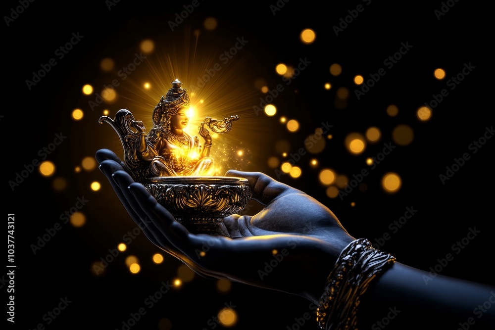 Lord Dhanvantari holding the Amrit kalash in a divine pose, surrounded ...