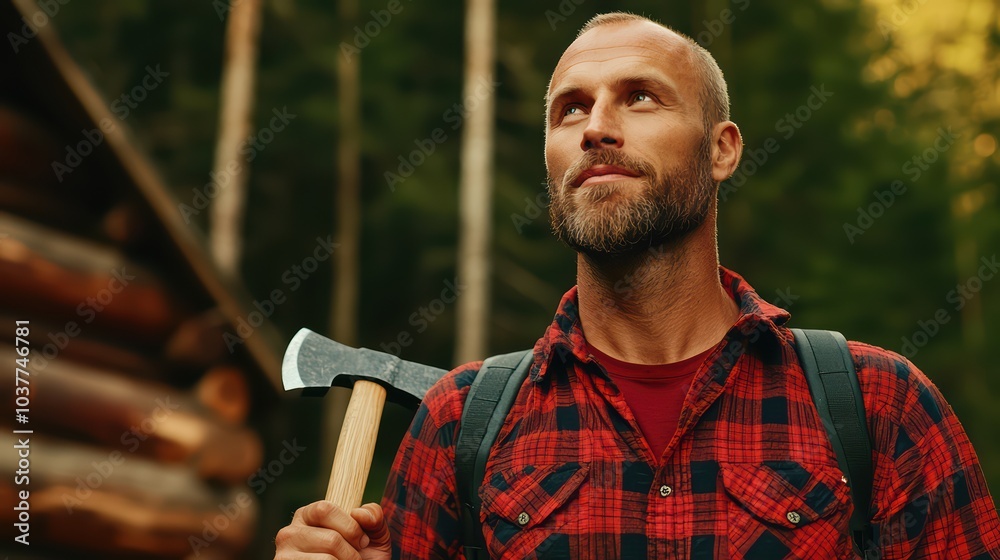 Thoughtful man in plaid shirt holding an axe, standing near a log cabin ...