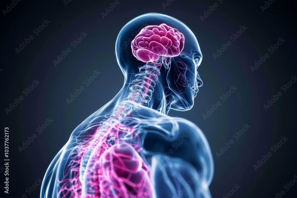 Lymphatic system, detailed in a medical scan showing the path of lymph ...