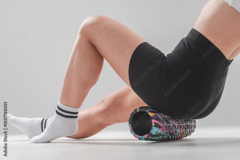 Faceless woman doing roller exercise for myofascial release on white ...