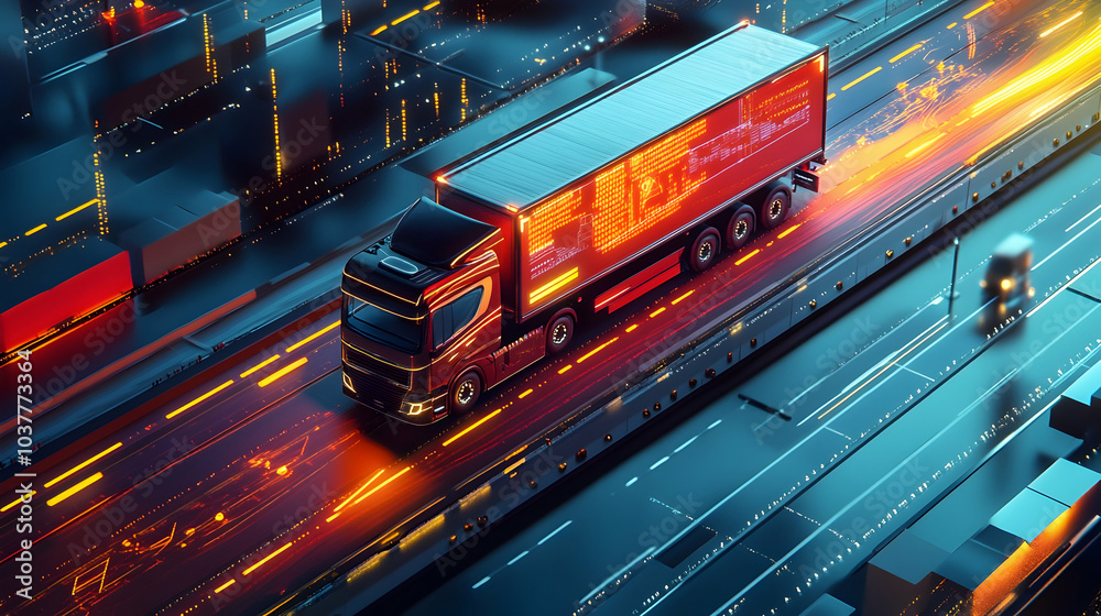 Aerial 3D Cartoon Illustration of an Autonomous Truck on a Smart ...