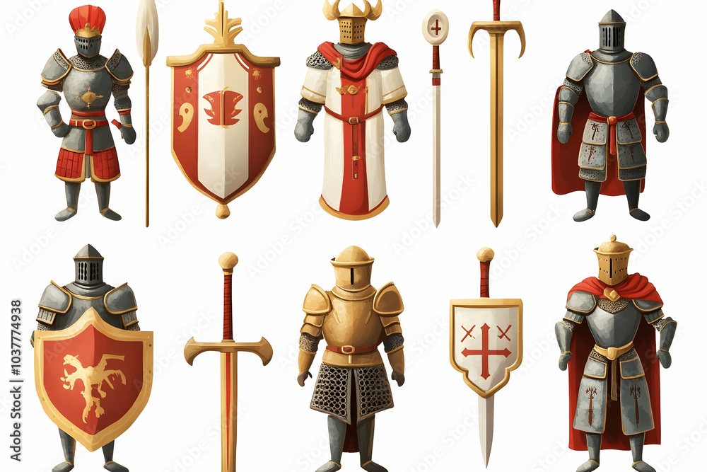Icon set of heraldic knight symbols and armor featuring various ...