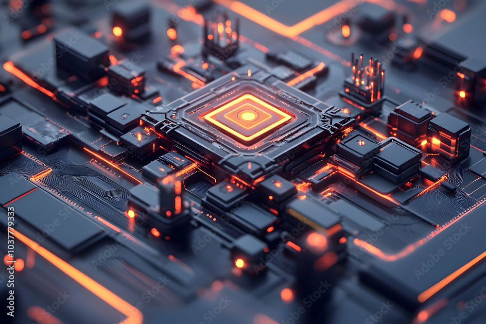 3d cartoon illustration of a complex computing structure with glowing ...