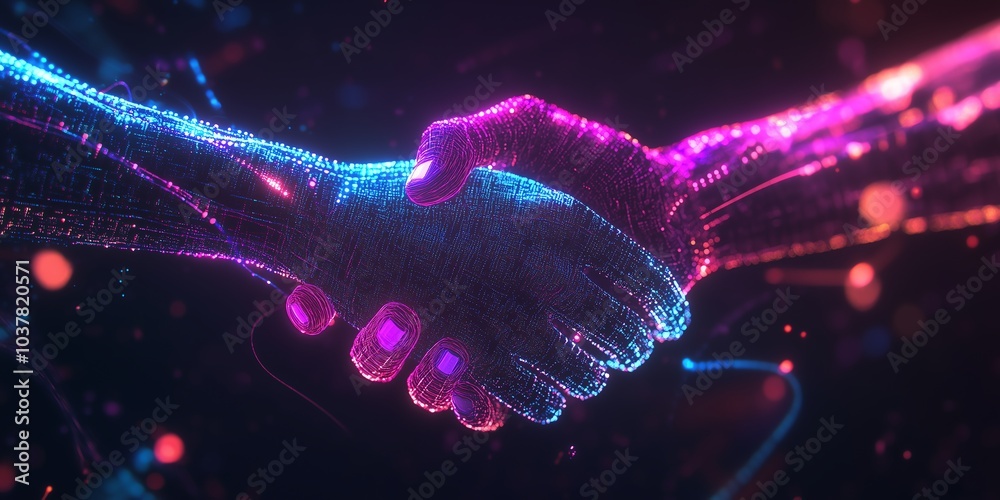 Loose handshake rendered in glowing lines, symbolizing politeness and ...