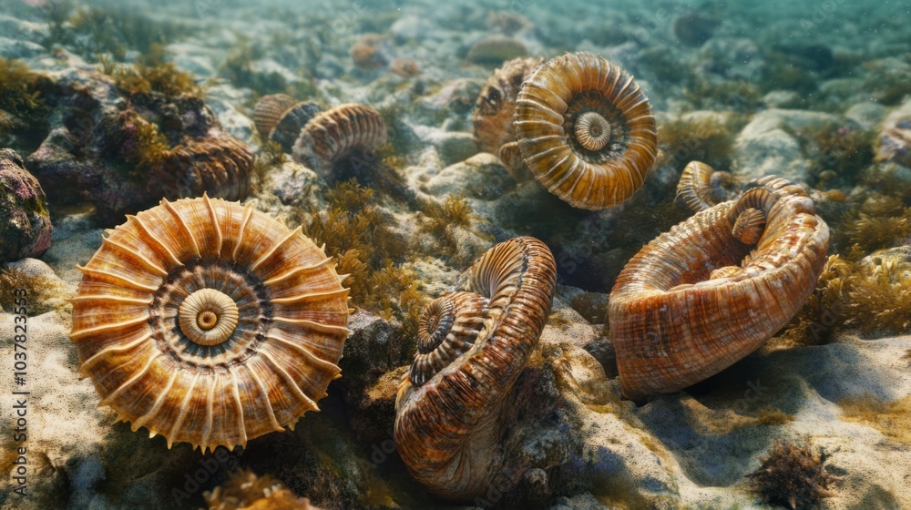 Ancient seas teeming with ammonites and trilobites, showing the ...