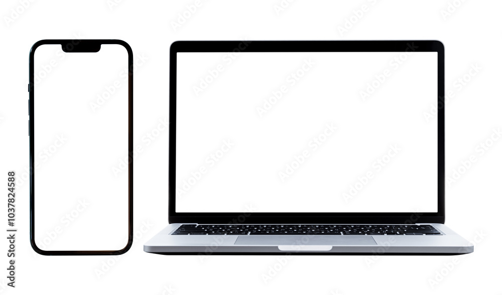 Laptop computer and mobile smartphone with blank screen isolated on ...