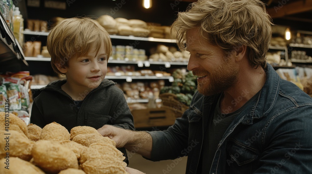 Happy Father and Son Choosing Fresh Bread Together in a Grocery Store ...