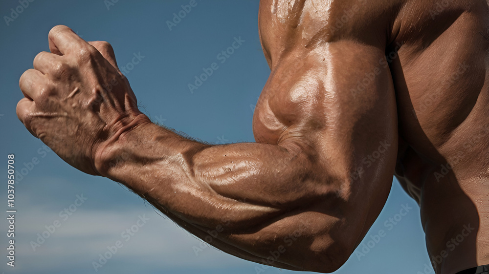 Strong male bodybuilder flexing his muscular torso and biceps ...
