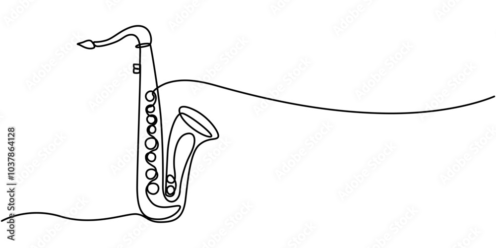 One continuous line drawing of classical saxophone. Wind music ...