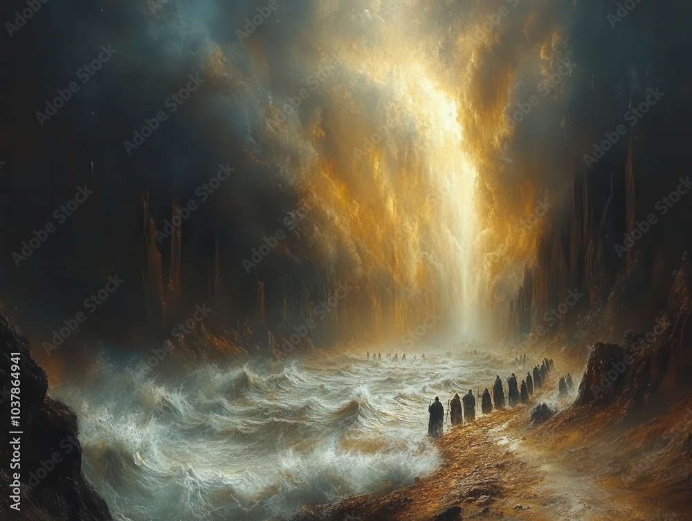 biblical scene depicting the moment of the red sea parting, with waves ...