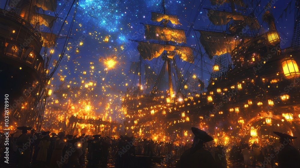 Vibrant Pirate Party Celebration on Ship Deck at Night with Music ...